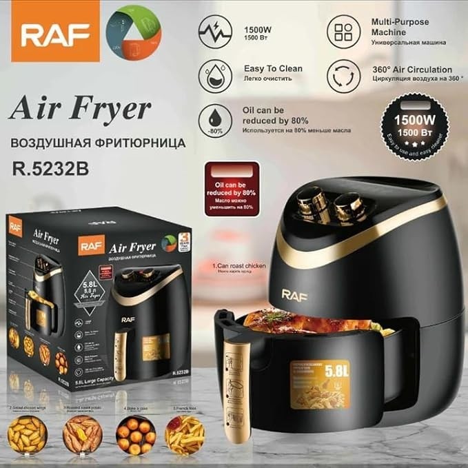 Friteuza Airfryer RAF-5232B, Capacitate 5.8L, 1500W, Negru + Carte Retete